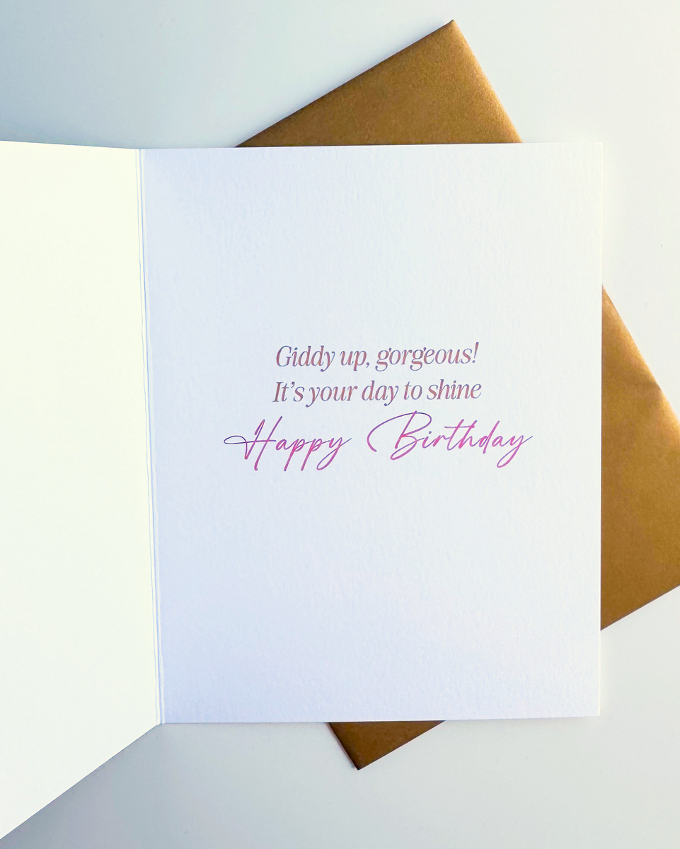 Giddy Up, Gorgeous Birthday Greeting Card – Lavender Vines